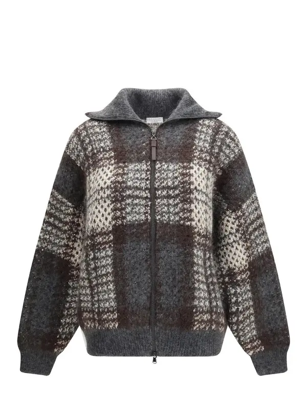 Brunello Cucinelli Checked Wool Zip Cardigan With Sequins - Gray
