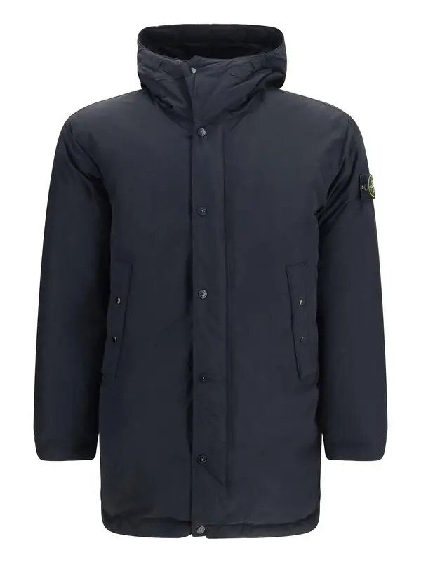 Stone Island Long Down Jacket With Hood - Black