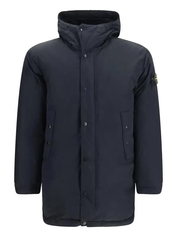 Stone Island Long Down Jacket With Hood - Black