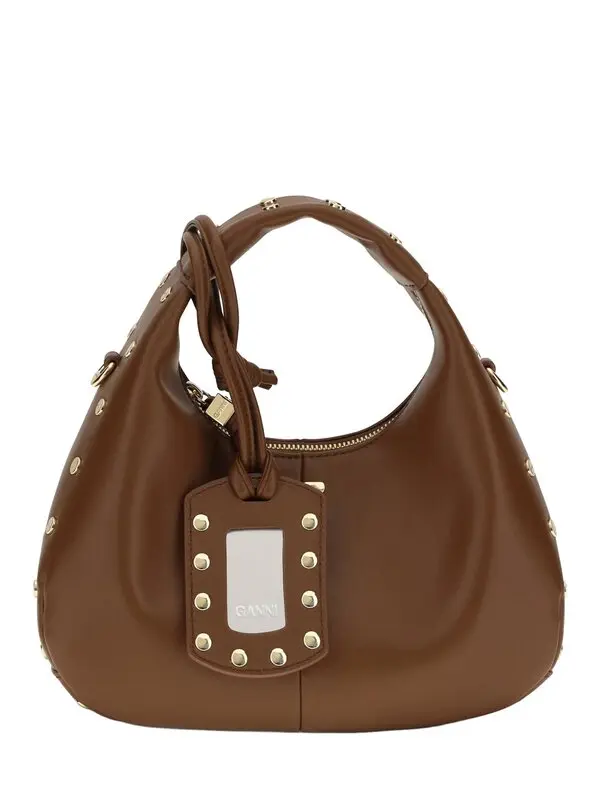 GANNI Mini Studded Hobo Handbag - Brown