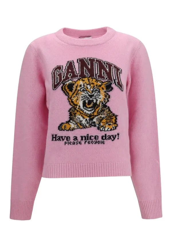 GANNI Graphic Print Wool Crew Neck Sweater - Pink