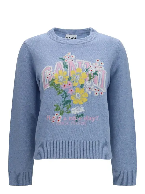 GANNI Floral Wool Sweater - Blue