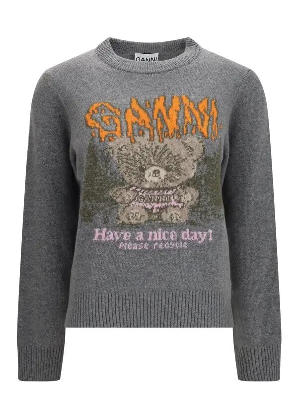 GANNI Teddy Wool Crewneck Sweater - Gray