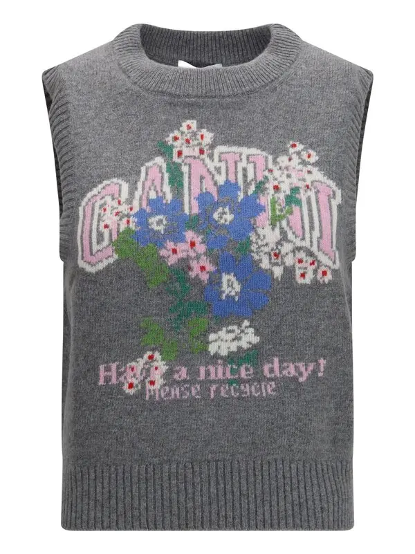 GANNI Wool Floral Knit Vest - Gray