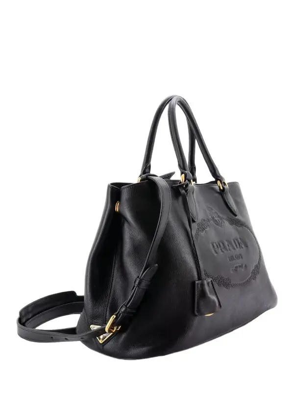 Prada Embossed Logo Convertible Open Glace Calf Medium Tote Bag - Black