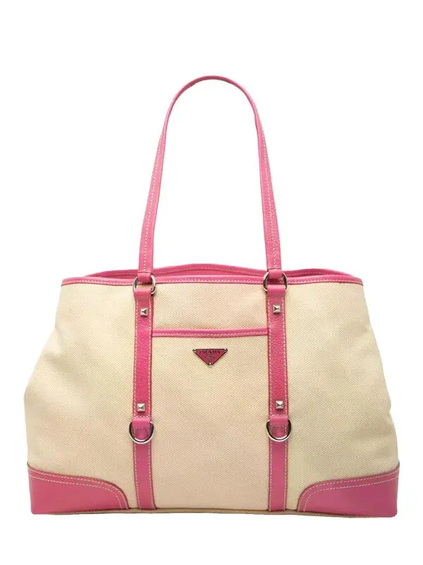Prada Studded Leather Trimmed Canvas Tote Satchel - Pink