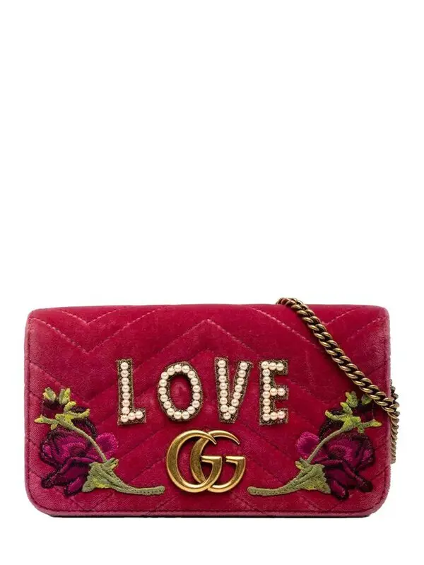 Gucci Mini Gg Marmont Embroidered Velvet Love Wallet On Chain Crossbody Bag - Pink
