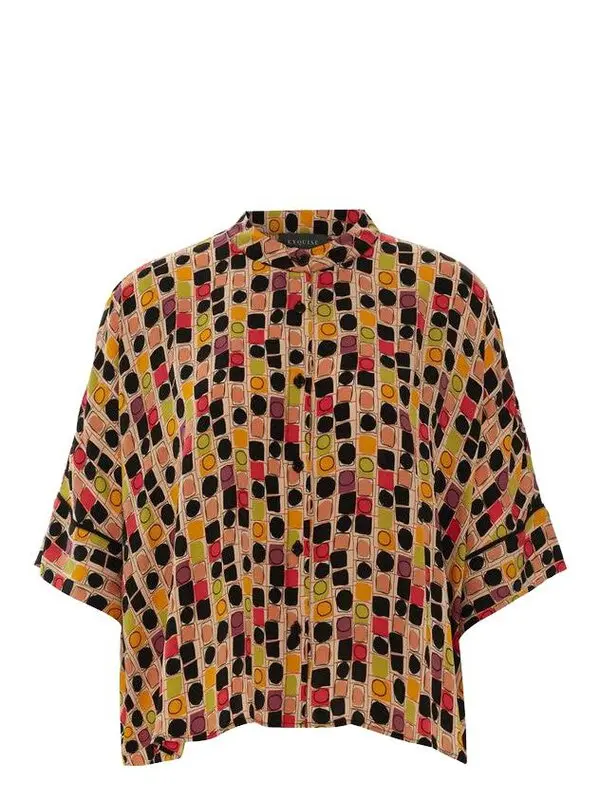 EXQUISE Geometric Print 3/4 Sleeve Shirt - Brown