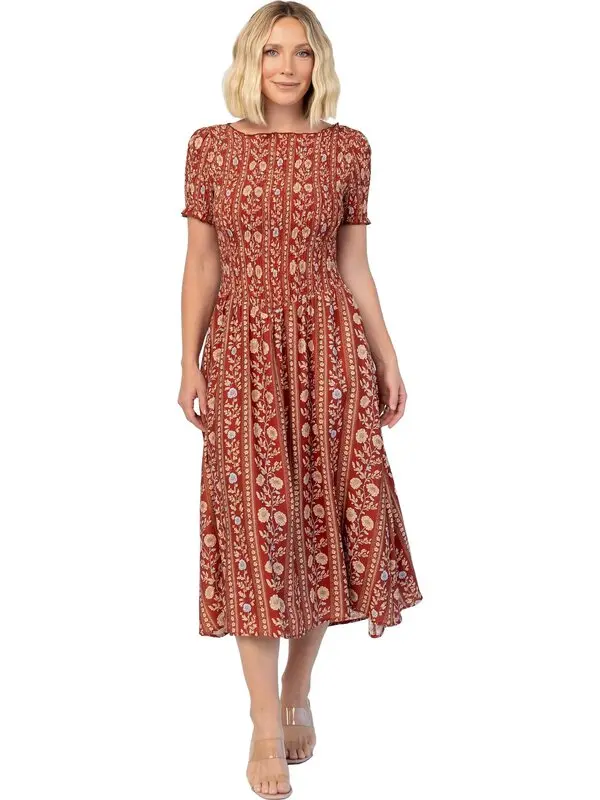XH TEXTILES Rhonda Smocked Midi Dress - Rust Print