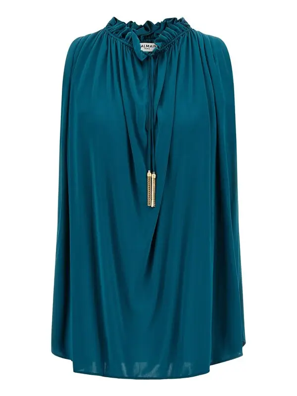 Balmain Sleeveless Top With Golden Pompon Catene Drawstring - Blue