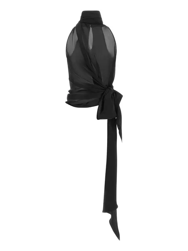 Balmain Silk Chiffon Draped Neckline Top - Black