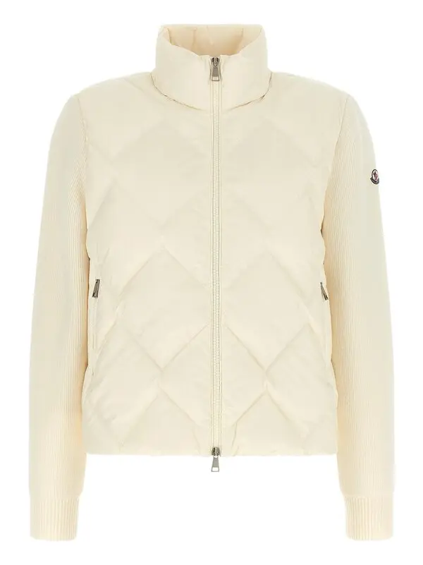 Moncler Diamond Quilted Padded Cardigan With Ribbed Knit Sleeves - White