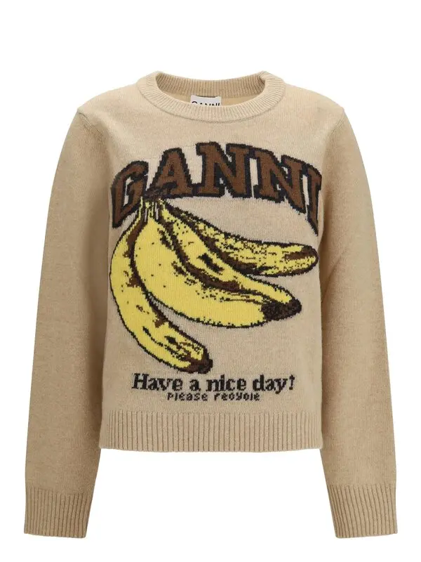 GANNI Wool Graphic Sweater With Banana Print - Cream