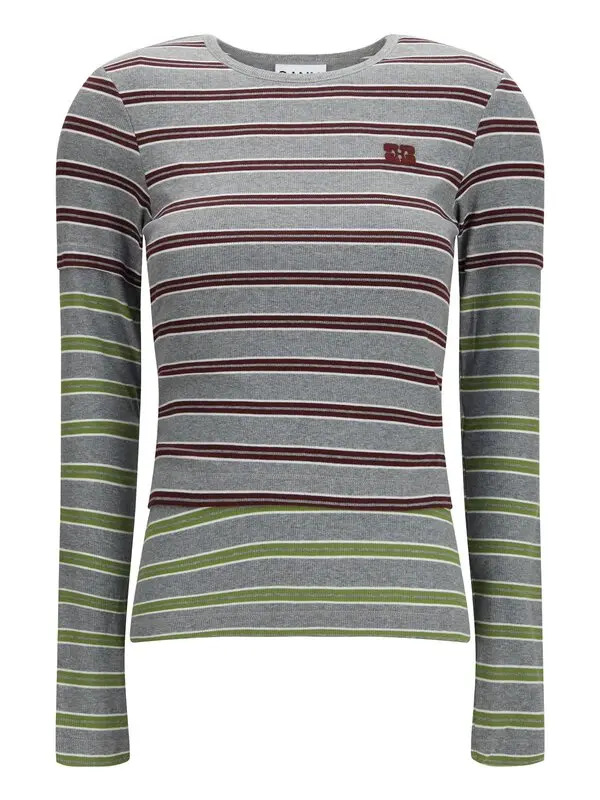 GANNI Double-sleeve Striped Cotton T-shirt - Gray