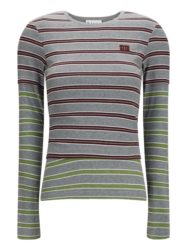 GANNI Double-sleeve Striped Cotton T-shirt - Gray