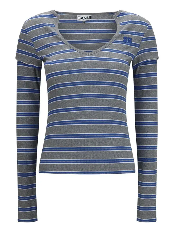 GANNI Ribbed V-neck Long Sleeve T-shirt - Gray