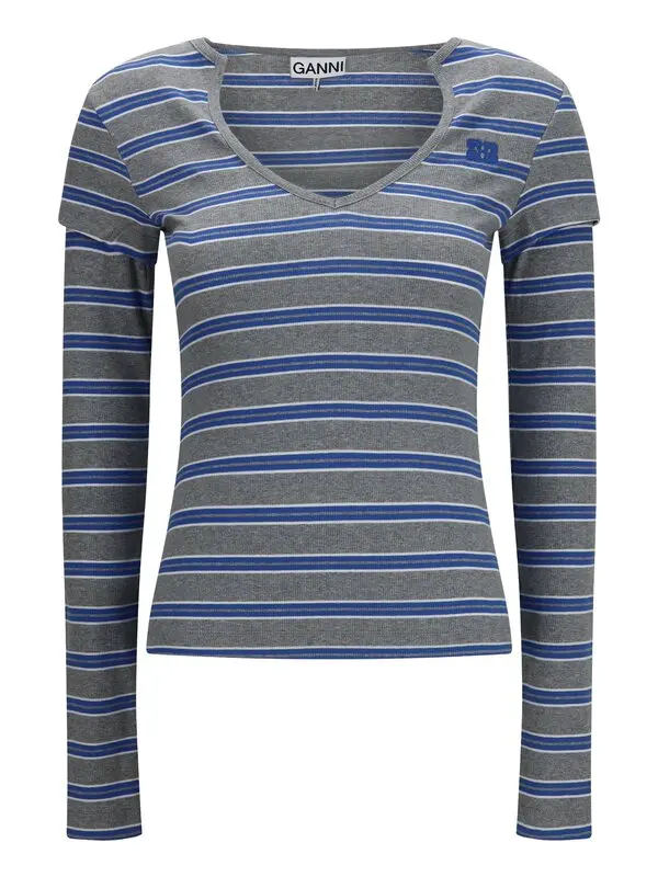GANNI Ribbed V-neck Long Sleeve T-shirt - Gray