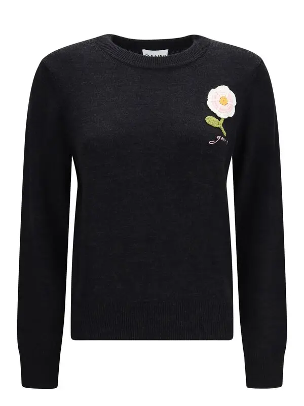 GANNI Wool Blend Sweater With Crochet Flower Detail - Black