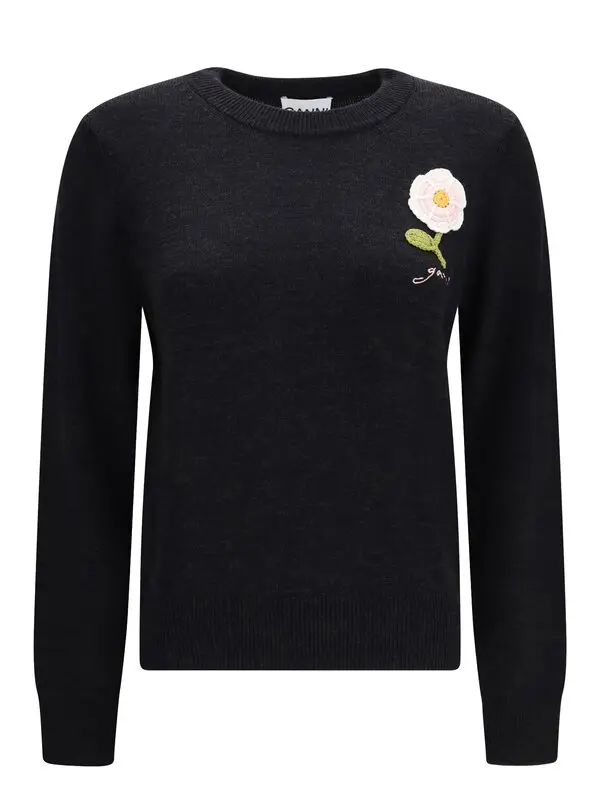 GANNI Wool Blend Sweater With Crochet Flower Detail - Black