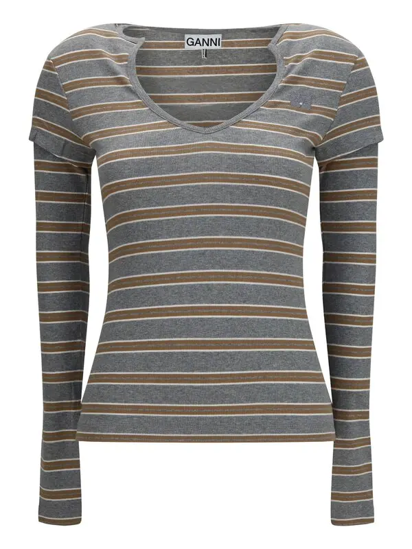 GANNI Ribbed V-neck Long-sleeve T-shirt - Gray
