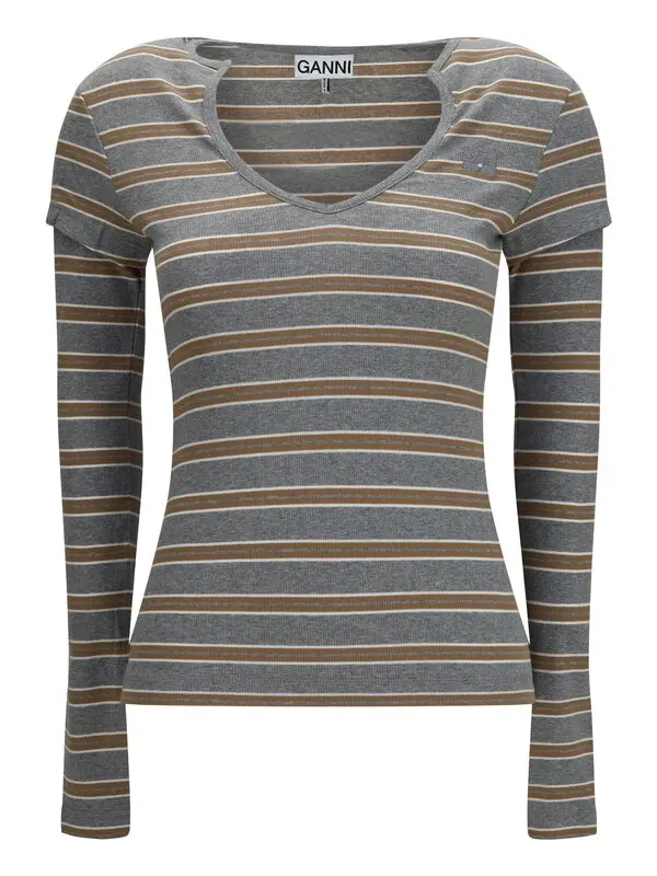 GANNI Ribbed V-neck Long-sleeve T-shirt - Gray