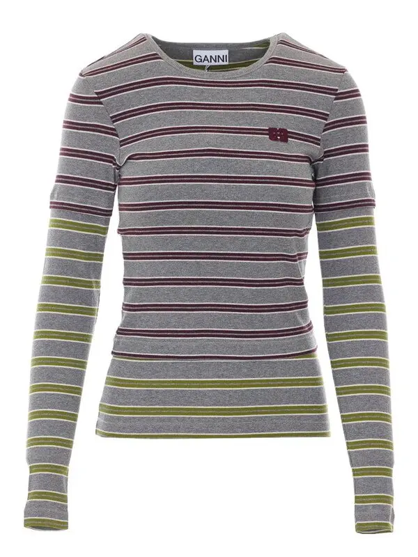 GANNI Striped Crew Neck Long Sleeve Top - Gray