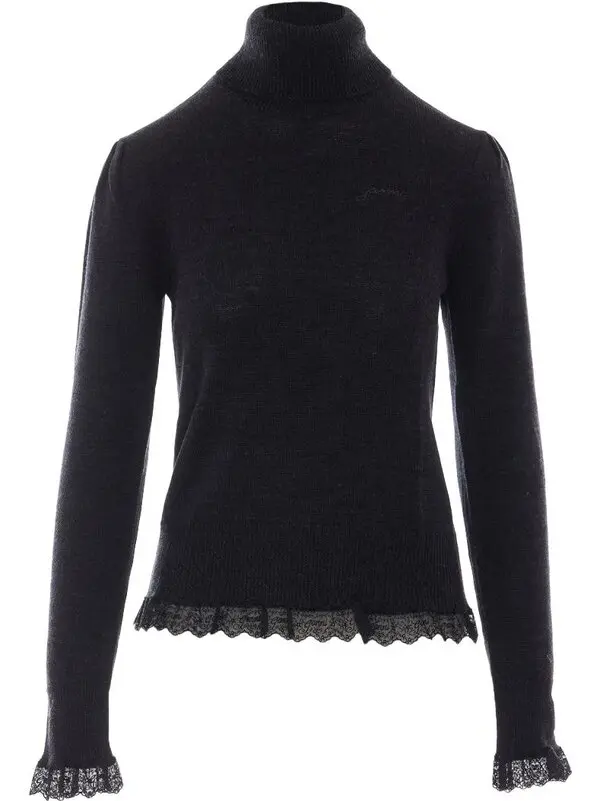 GANNI Turtleneck With Lace Detail - Black