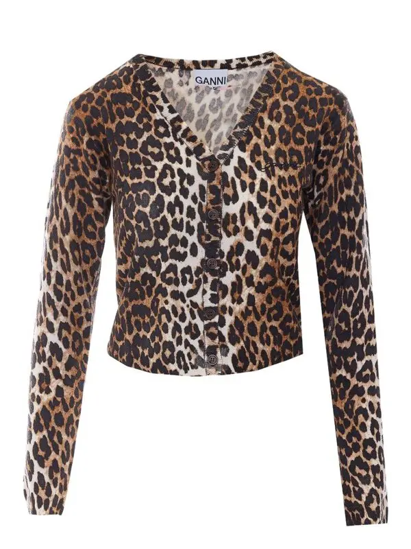GANNI Leopard Print Merino Wool V-neck Cardigan - Brown