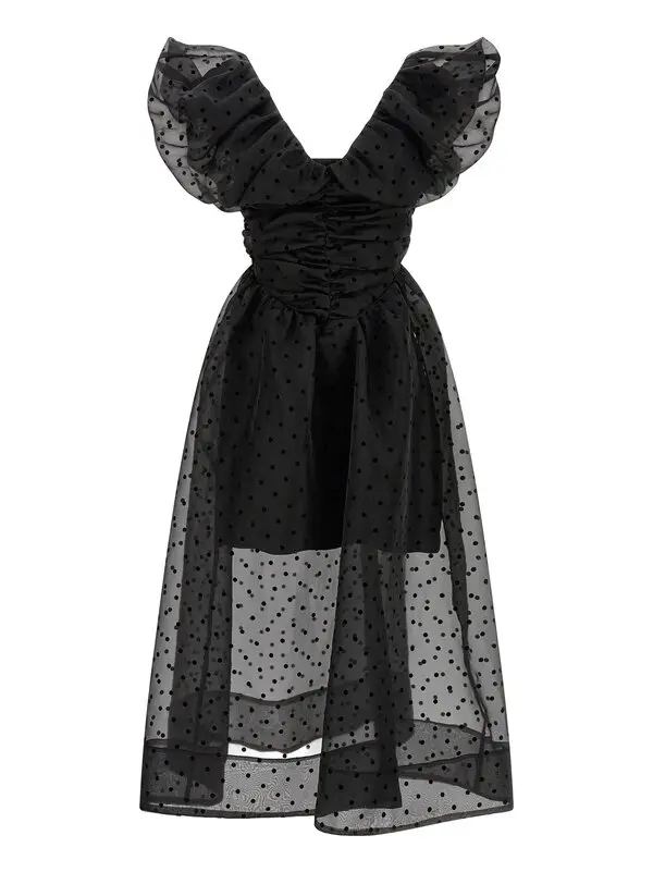 GANNI Organza Ruched Midi Dress - Black