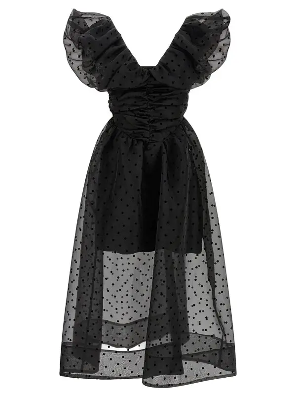 GANNI Organza Ruched Midi Dress - Black