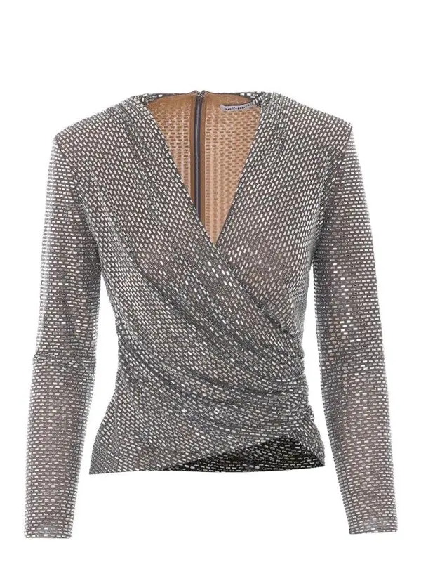 SELF-PORTRAIT Rhinestone Mesh Long Sleeve Top - Gray