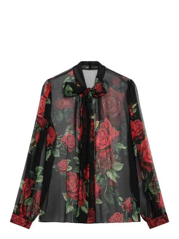 Dolce & Gabbana Rose-print Silk Chiffon Blouse - Black