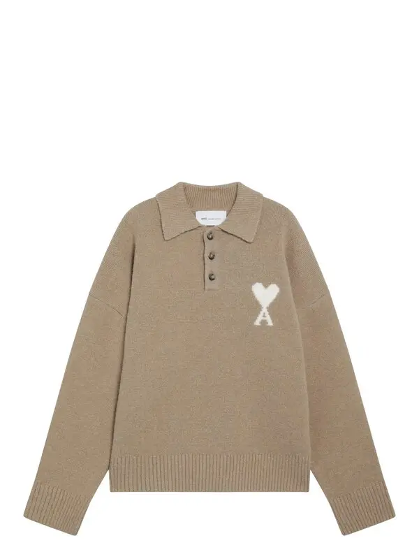 AMI Paris De Coeur Beige Alpaca-blend Polo Sweater - Cream