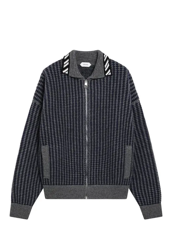 Versace Wool Zip-up Cardigan With Geometric Intarsia - Gray