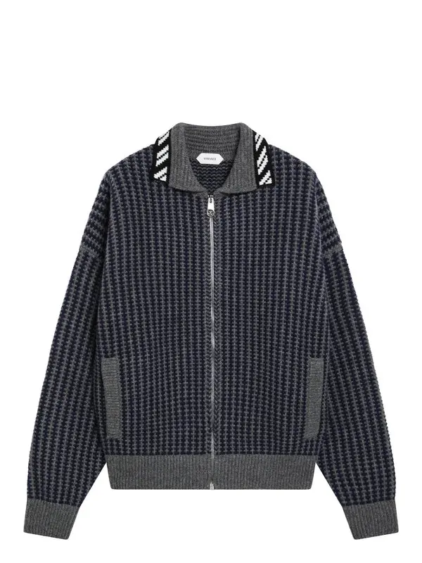 Versace Wool Zip-up Cardigan With Geometric Intarsia - Gray