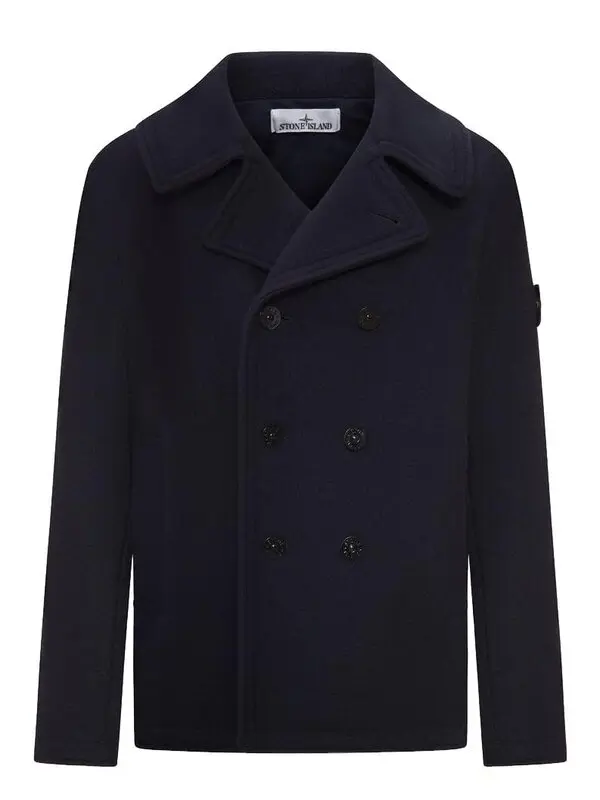 Stone Island Navy Double-breasted Wool And Cashmere Blend Jacket - Blue
