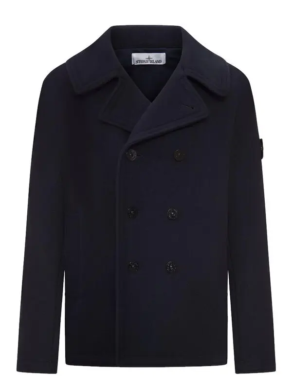 Stone Island Navy Double-breasted Wool And Cashmere Blend Jacket - Blue