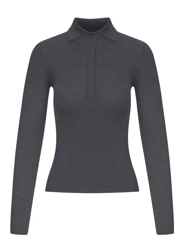 Max Mara Ribbed Knit Polo Shirt - Gray