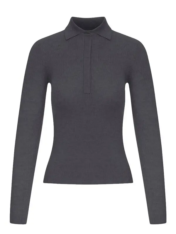 Max Mara Ribbed Knit Polo Shirt - Charcoal