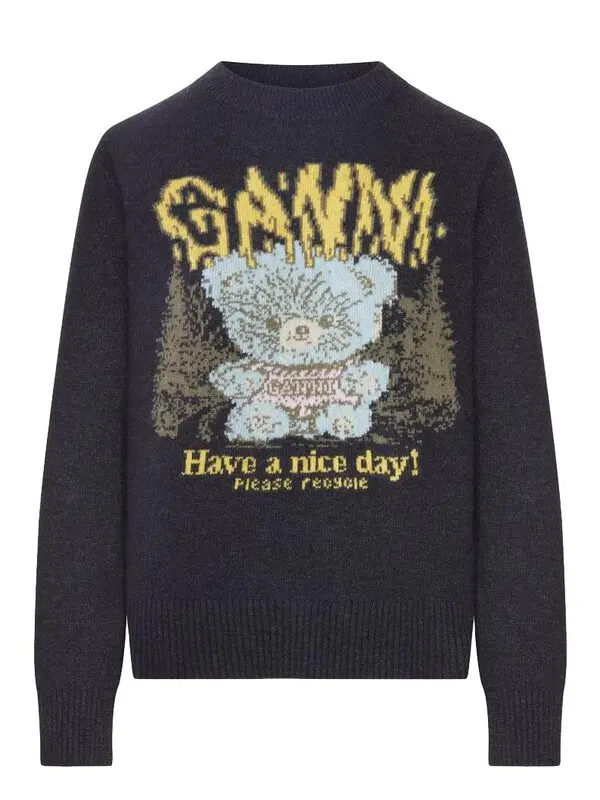 GANNI Wool Sweater With Teddy Graphic - Gray