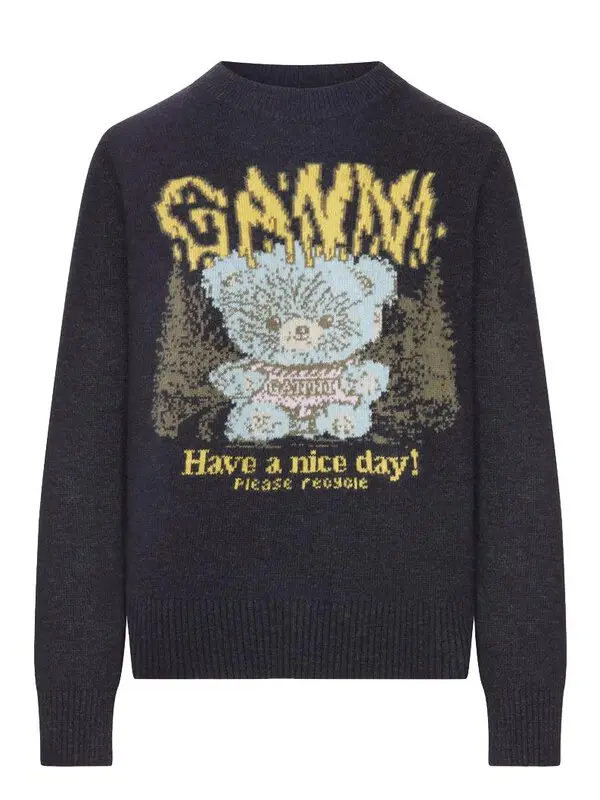 GANNI Wool Sweater With Teddy Graphic - Gray