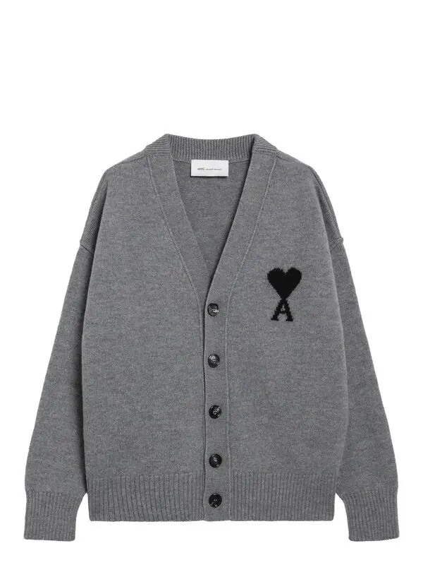 AMI Paris Grey Merino Wool De Coeur Cardigan - Gray