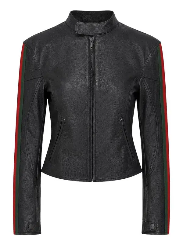 Gucci Leather Biker Jacket With Web Stripe Detail - Black