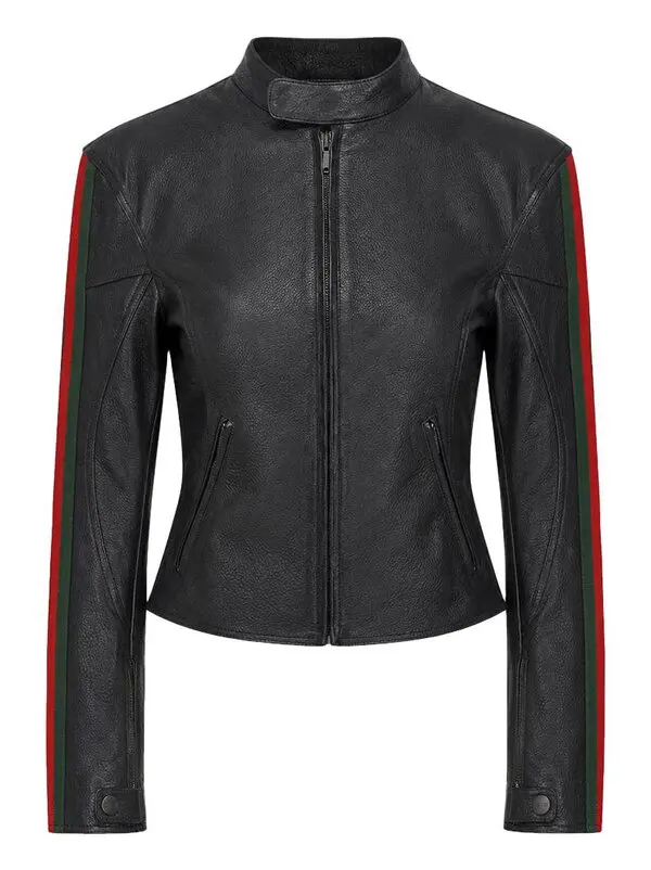 Gucci Leather Biker Jacket With Web Stripe Detail - Black