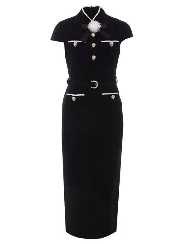 SELF-PORTRAIT Color Block Crepe Midi Dress With Jewel Buttons - Black