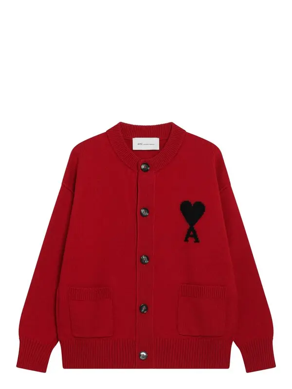 AMI Paris Ruby Merino Wool De Coeur Cardigan - Red