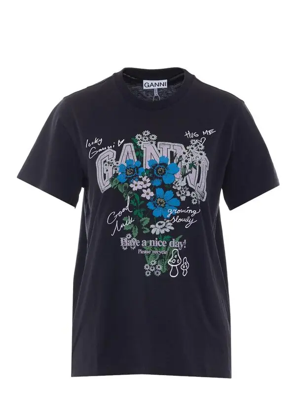 GANNI Graphic Print Organic Cotton T-shirt - Black