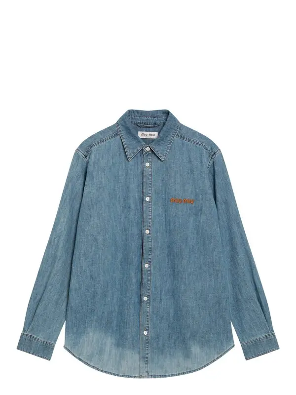 Miu Miu Bleached Cotton Chambray Shirt In Light - Blue