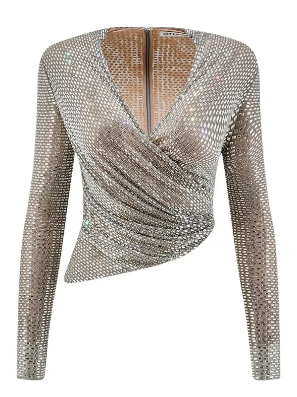 SELF-PORTRAIT Mesh Top With All-over Rhinestones - Gray