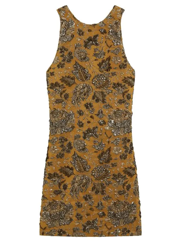 Saint Laurent Mini Dress In Gold Stretch Brocade - Brown